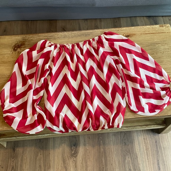 emma rose | Tops | Off The Shoulder Long Sleeve Sheer Top Red And Cream Chevron Pattern | Poshmark